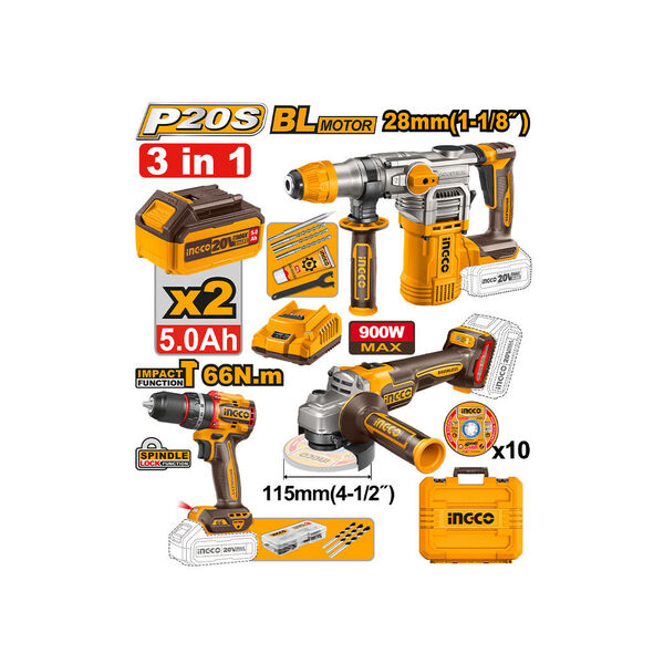 ელექტრო კუთხსახეხისა და ხრახნდამჭერის კომპლექტი 2 ც 20V Lithium-Ion ...